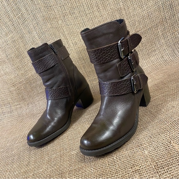 Clarks | Shoes | Clarks Boots Brown Buckle Leather Heel Mid Hi Zip Size 7m | Poshmark